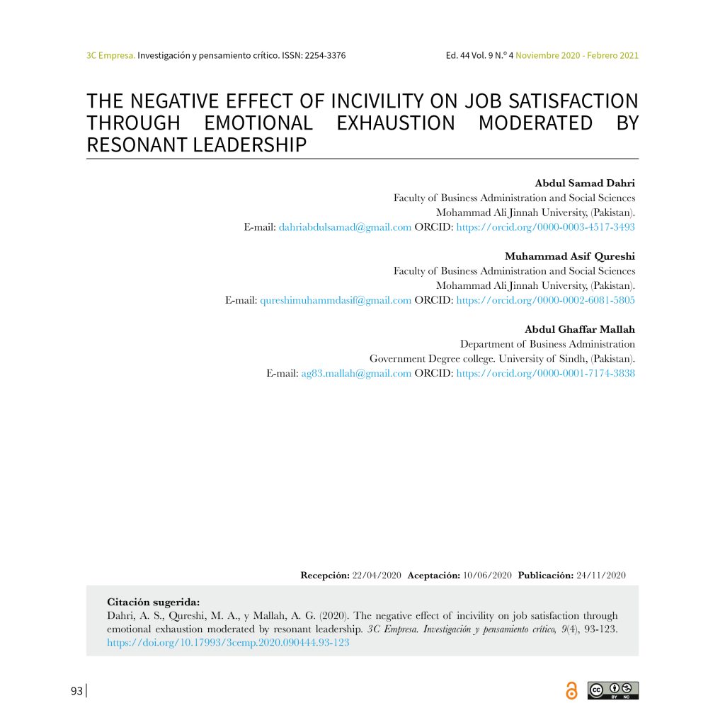 The negative effect of incivility on job satisfaction through emotional ...